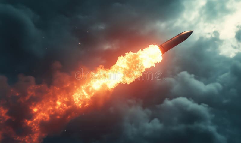 Rocket Launch with Fiery Exhaust Against Dramatic Clouds Stock Photo ...