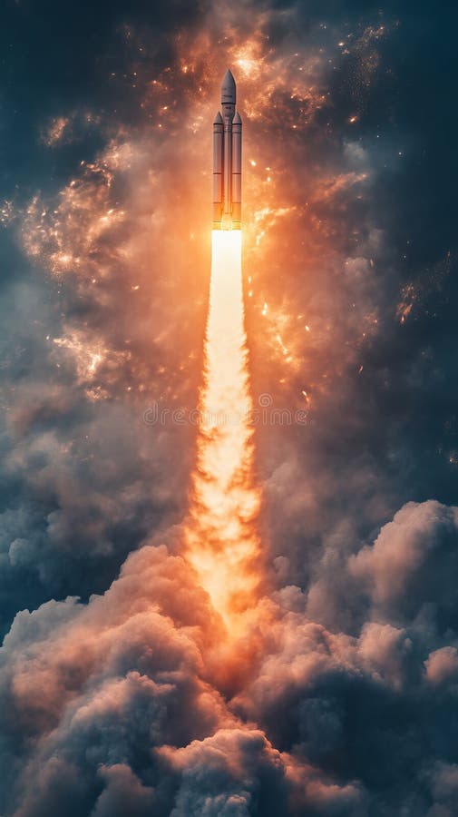 Rocket Launch with Fiery Exhaust and Clouds, Epic View. Exploration and ...
