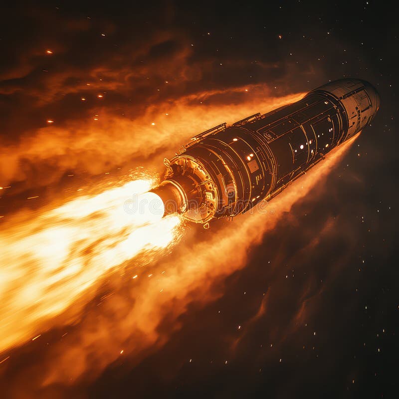 Rocket Launch with Fiery Exhaust in Dark Space Background Stock Image ...