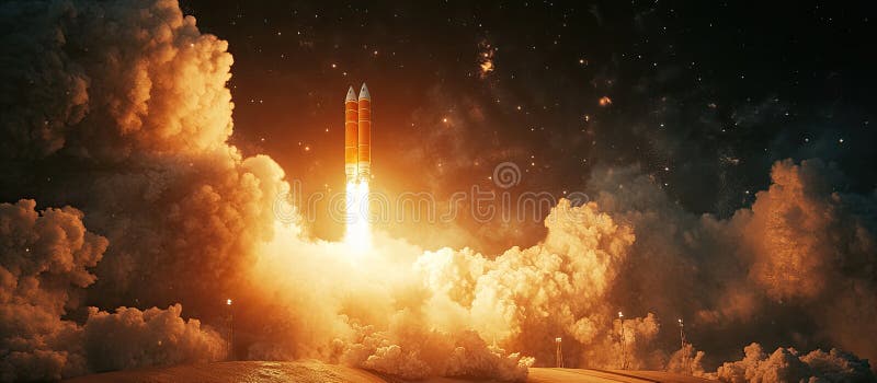 Rocket Launch with Fiery Exhaust Rising through Clouds Against Starry ...