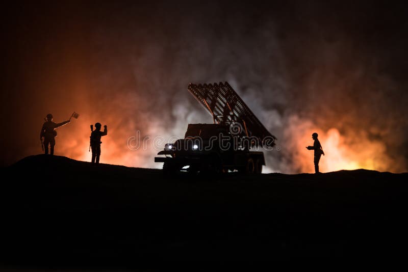Rocket Launch with Fire Clouds. Battle Scene with Rocket Missiles with ...