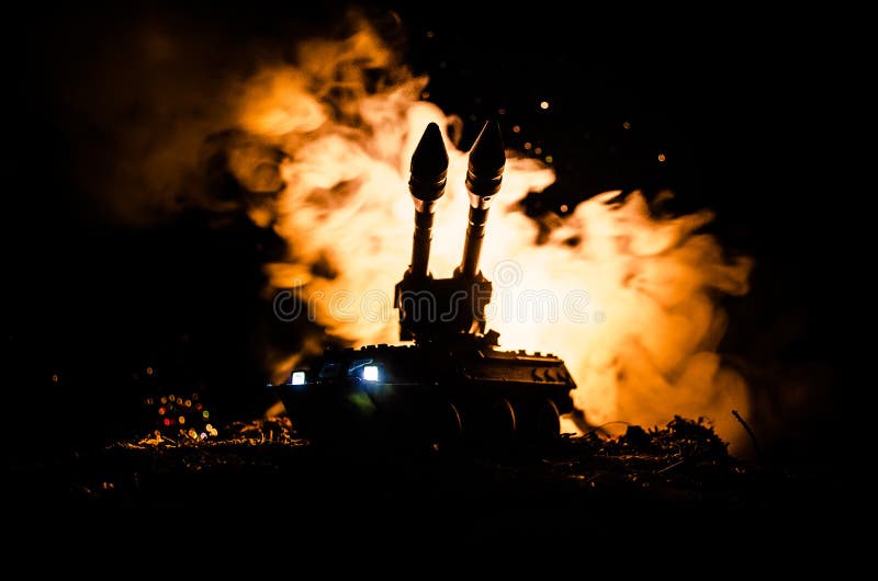 Rocket Launch with Fire Clouds. Battle Scene with Rocket Missiles with ...