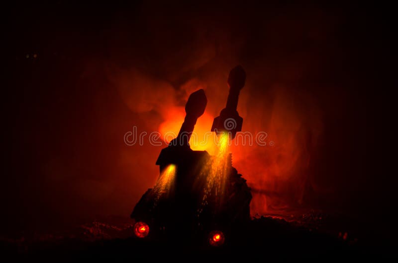 Rocket Launch with Fire Clouds. Battle Scene with Rocket Missiles with ...
