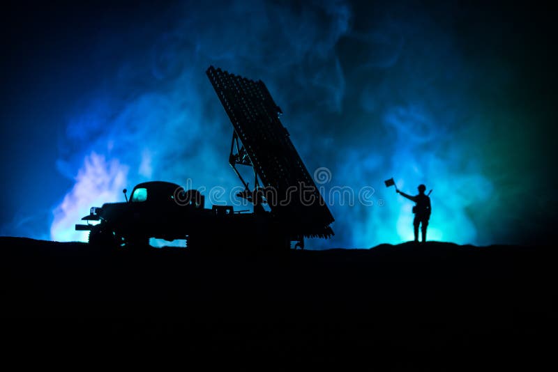 Rocket Launch with Fire Clouds. Battle Scene with Rocket Missiles with ...