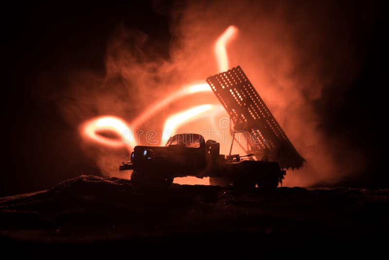 Rocket Launch with Fire Clouds. Battle Scene with Rocket Missiles with ...