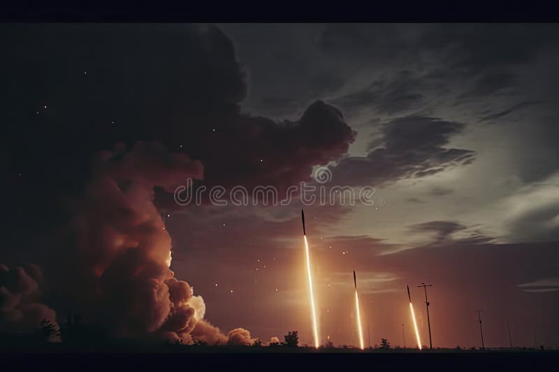 Rocket Launch with Fire Clouds. Nuclear Missiles with Warhead Aimed at ...