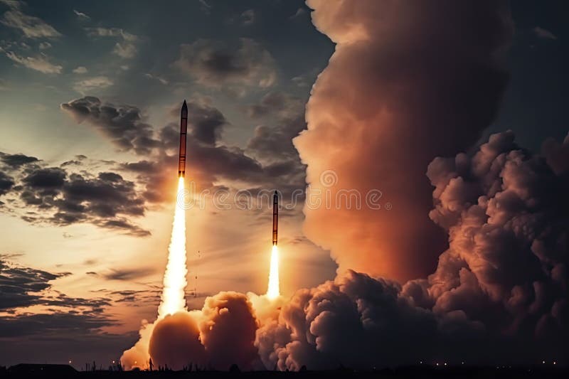 Rocket Launch with Fire Clouds. Nuclear Missiles with Warhead Aimed at ...