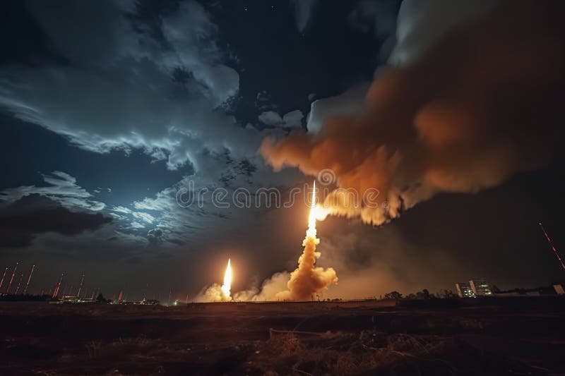Rocket Launch with Fire Clouds. Nuclear Missiles with Warhead Aimed at ...