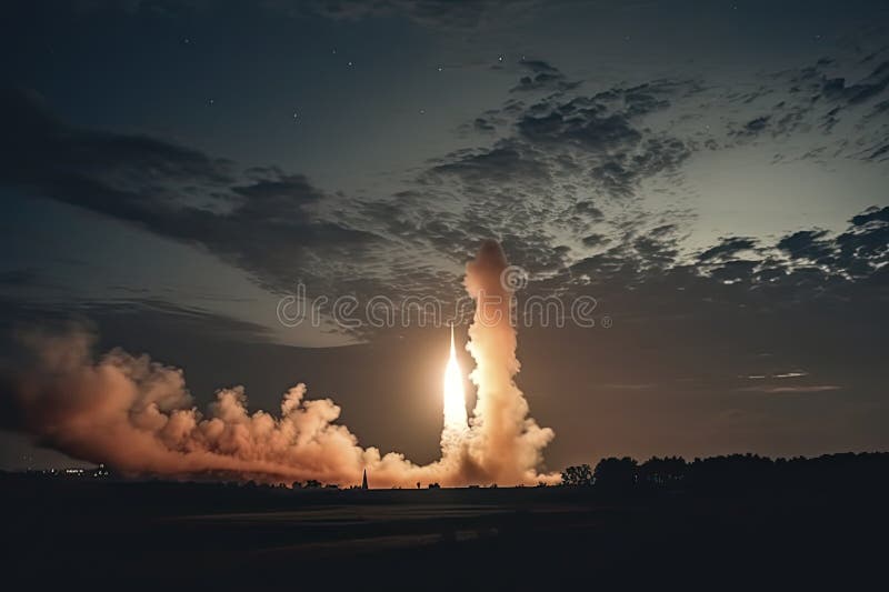 Rocket Launch with Fire Clouds. Nuclear Missiles with Warhead Aimed at ...