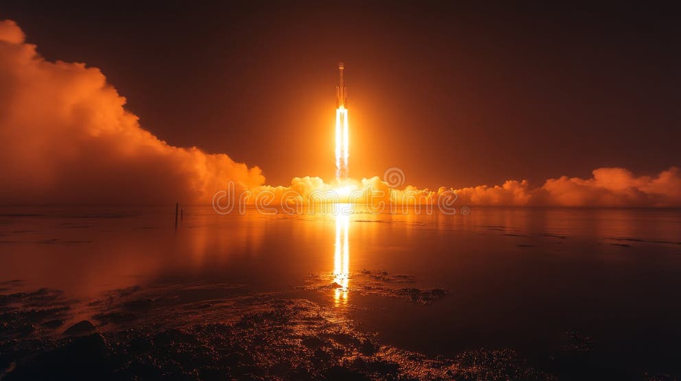 Rocket Launch Fires into the Night Sky with Bright Flames Illuminating ...
