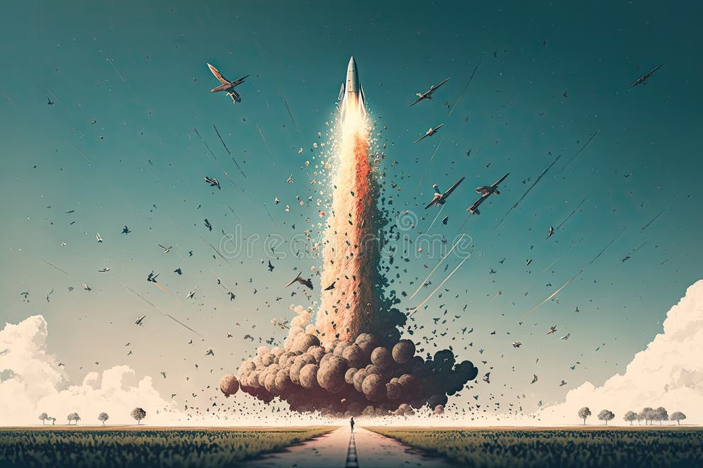 Rocket Launch, with a Flock of Birds in the Sky and on the Ground Stock ...