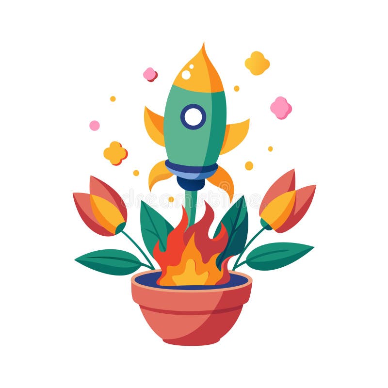 Rocket Launch from Flower Pot with Fire and Tulips Illustration Stock ...