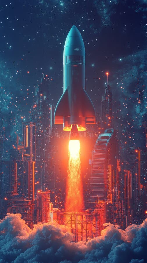 Rocket Launch into Futuristic Cityscape at Night Stock Illustration ...