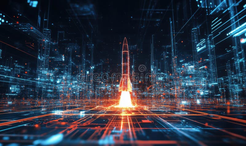 Rocket Launch in Futuristic Digital Cityscape with Glowing Lines and ...