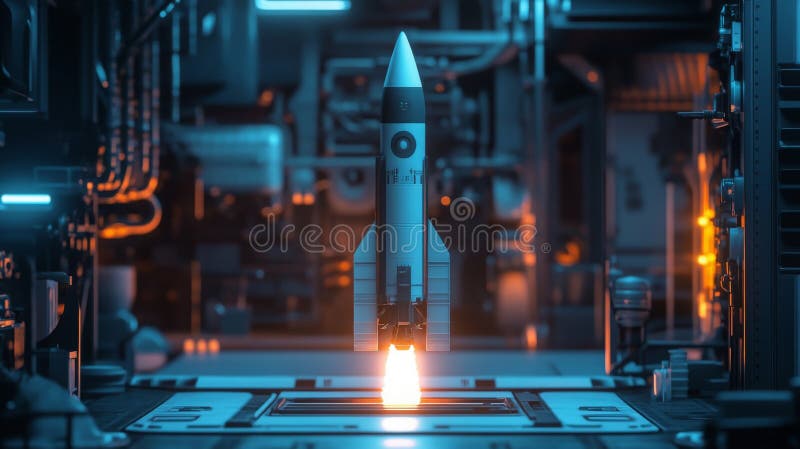 Rocket Launch from a Futuristic Lab at Night with Blue Lighting and ...