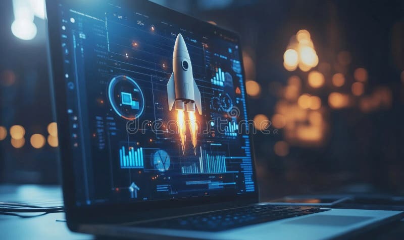 Rocket Launch Graphic on Laptop Screen, Digital Interface with Charts ...