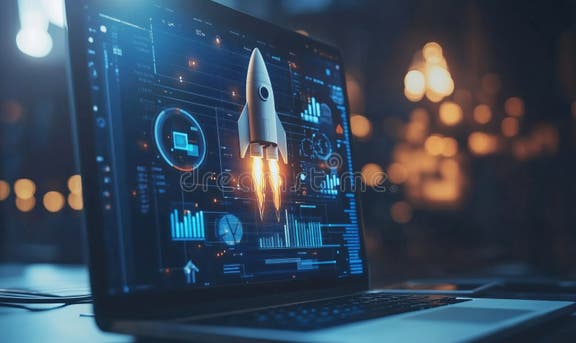 Rocket Launch Graphic on Laptop Screen, Digital Interface with Charts ...