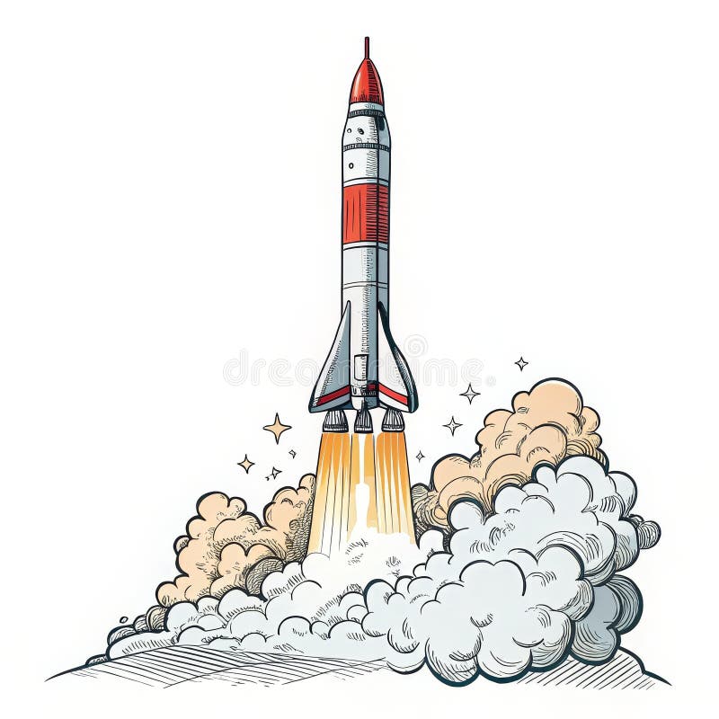 Rocket Launch Hand-drawn Illustration, Spacecraft Takeoff, Vector Art ...