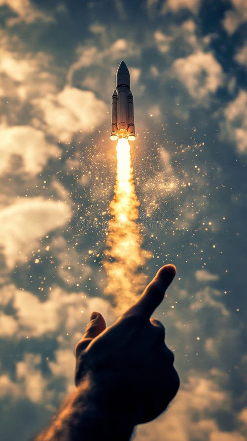 Rocket Launch with Human Hand Pointing Towards Sky, Space Exploration ...
