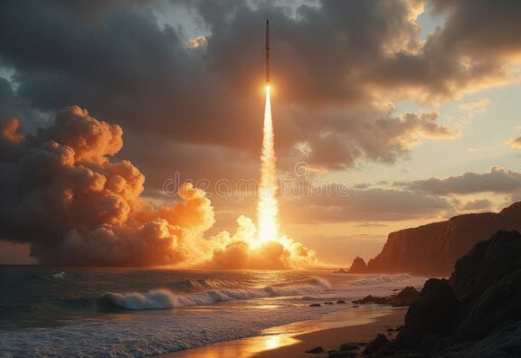 Rocket Launch Illuminates the Evening Sky Against a Backdrop of Waves ...