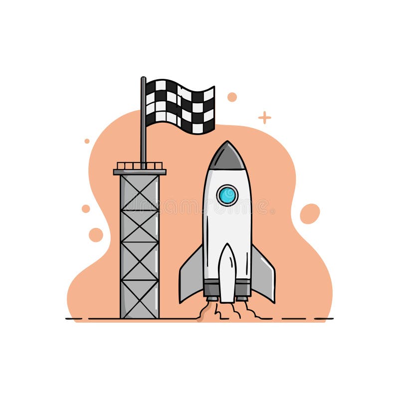Rocket Launch Illustration with Checkered Flag Tower in Simple Style ...
