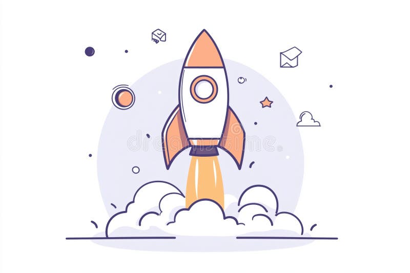 Rocket Launch Illustration with Clouds, Planets, Stars, and Mail Icons ...