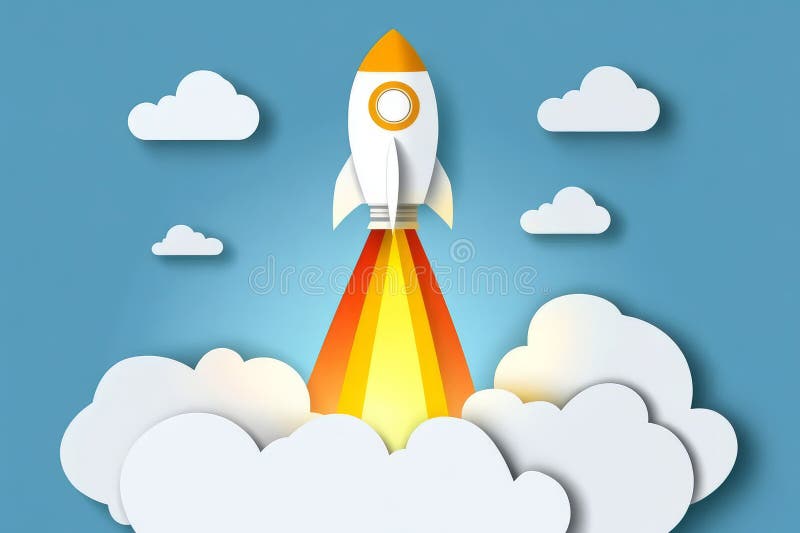 Rocket Launch Illustration with Clouds and Vibrant Colors, Symbolizing ...