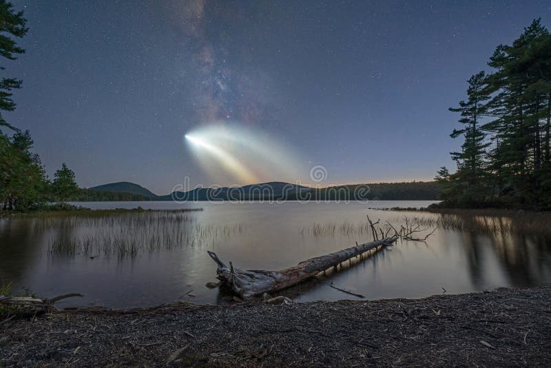 Rocket Launch Intersecting Milky Way Galaxy Over Eagle Lake Maine Stock ...