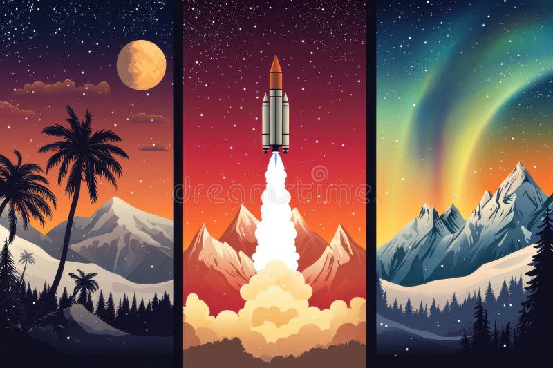 Rocket Launch with Landscape Scenes and Night Sky Stock Photo - Image ...