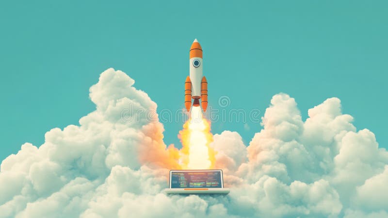Rocket Launch from Laptop Cloud Computing Digital Innovation Concept ...