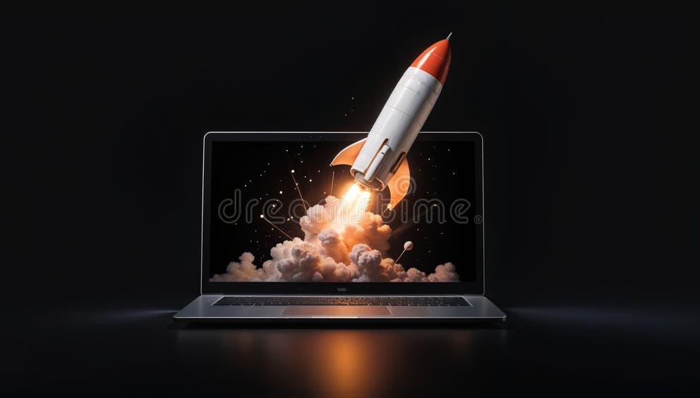 Rocket Launch from Laptop, Concept for Productivity and Creativity or ...