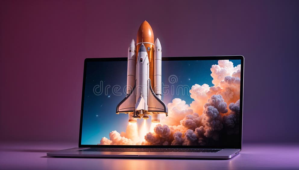 Rocket Launch from Laptop, Concept for Productivity and Creativity or ...