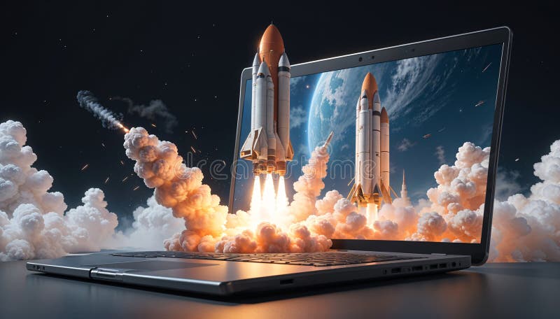 Rocket Launch from Laptop, Concept for Productivity and Creativity or ...