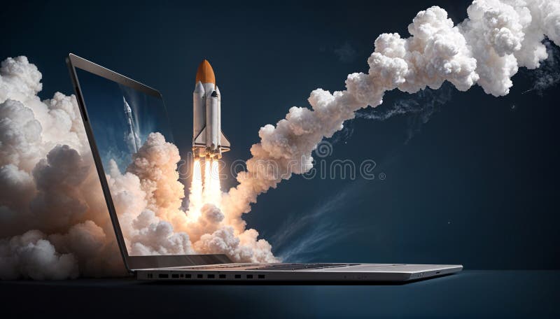 Rocket Launch from Laptop, Concept for Productivity and Creativity or ...