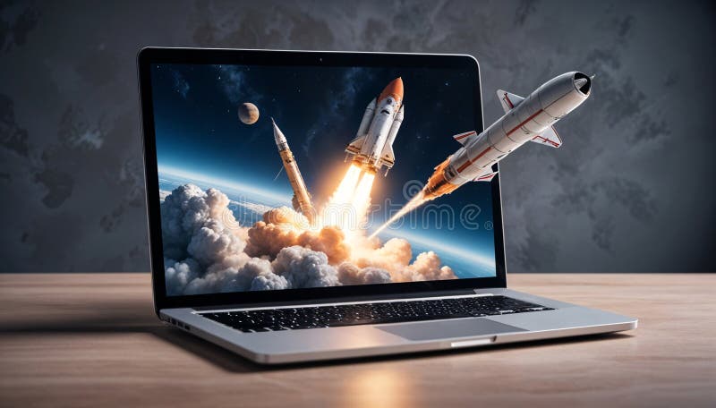Rocket Launch from Laptop, Concept for Productivity and Creativity or ...