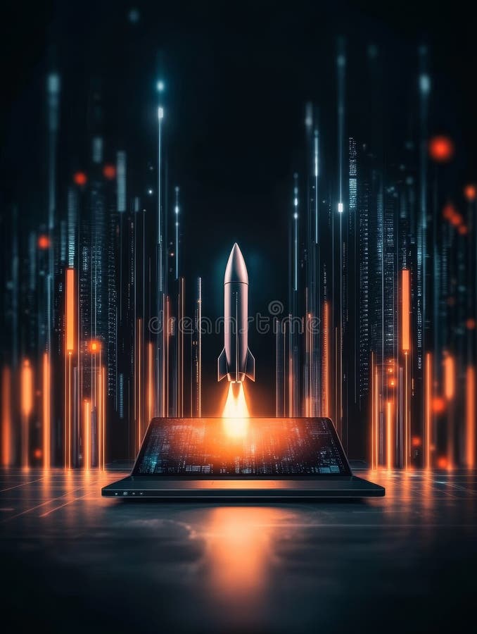 Rocket Launch from Laptop with Digital Background a Dynamic Image of a ...