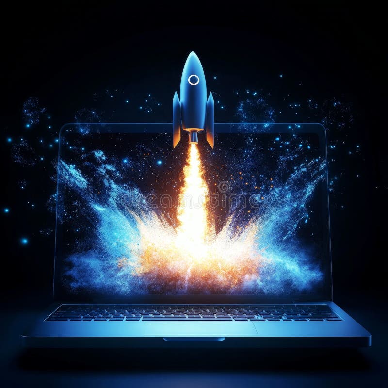 Rocket Launch from Laptop stock image. Image of revolution - 367603935