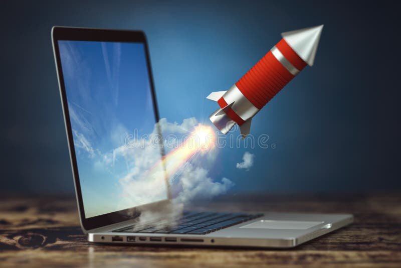 Rocket Launch from Laptop. Launching Start Up or New Business Project ...