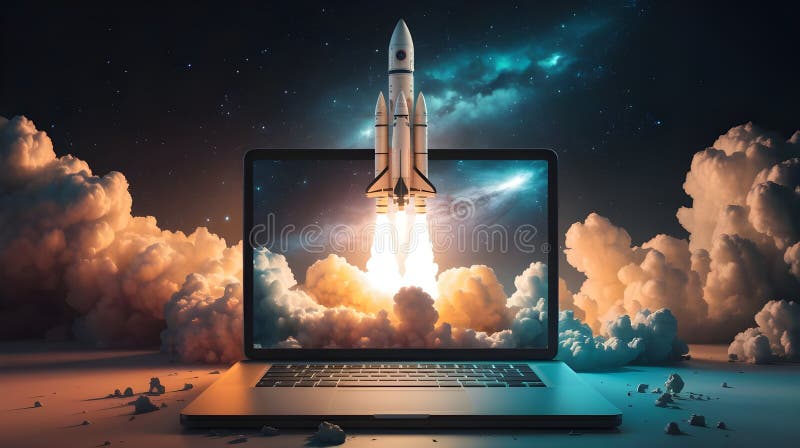 Rocket Launch from Laptop Screen with Clouds and Stars Stock ...