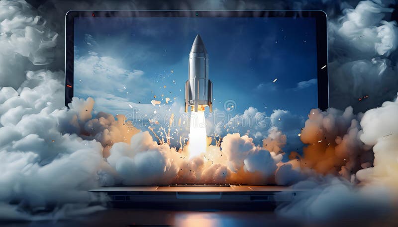 Rocket Launch from Laptop Screen in Cloudy Sky, Symbolizing Innovation and Technology Stock ...