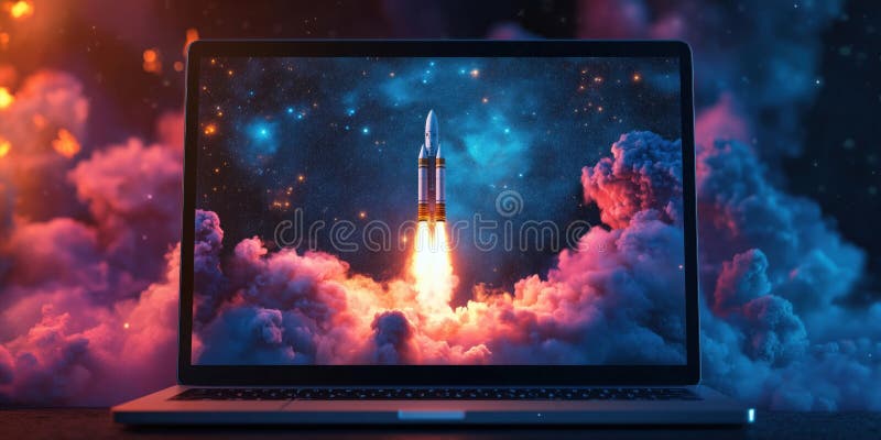 Rocket Launch from Laptop Screen with Cosmic Background and Colorful ...