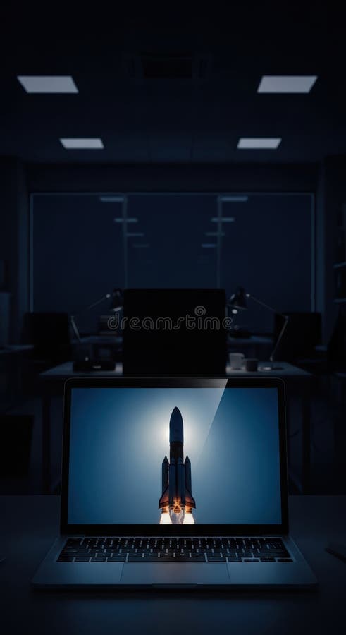 Rocket Launch on Laptop Screen in Dark Office Stock Image - Image of ...