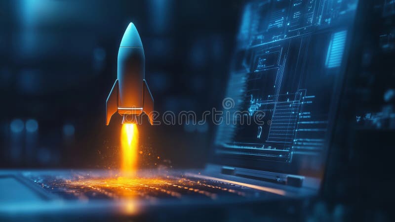 Rocket Launch from Laptop Screen, Digital Technology, Innovation ...