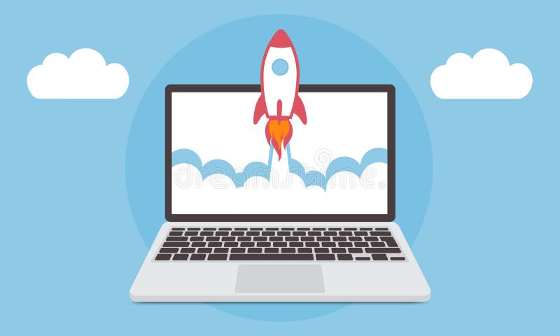 Rocket Launch from Laptop Screen in the Sky Flying Over Clouds. Space ...