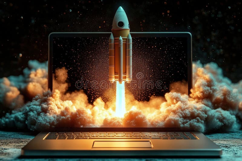 Rocket Launch from Laptop, Technological Advancement Stock Illustration ...