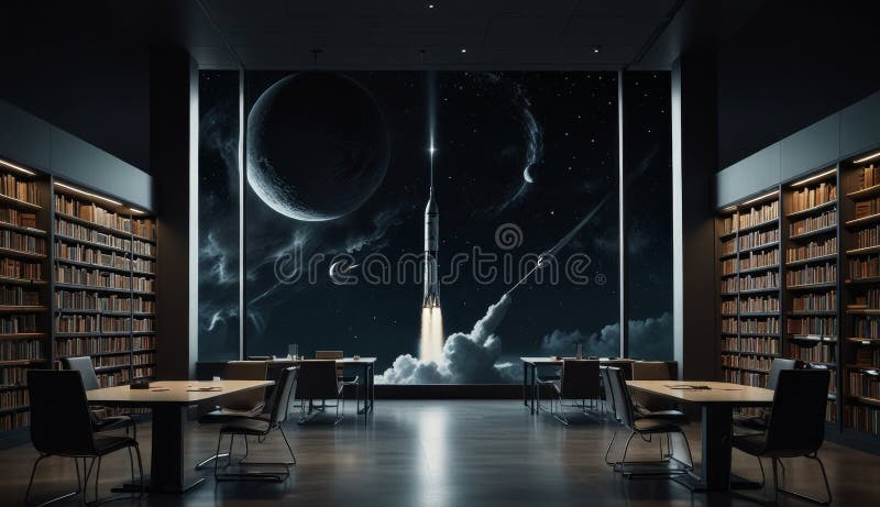 Rocket Launch in a Library stock illustration. Illustration of rocket ...