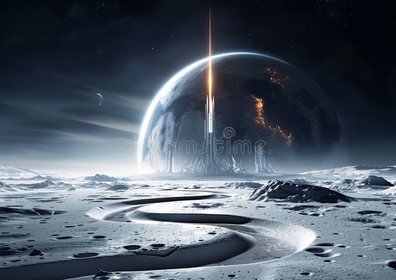 Rocket Launch on Moons Surface with Earth in Background during Night ...