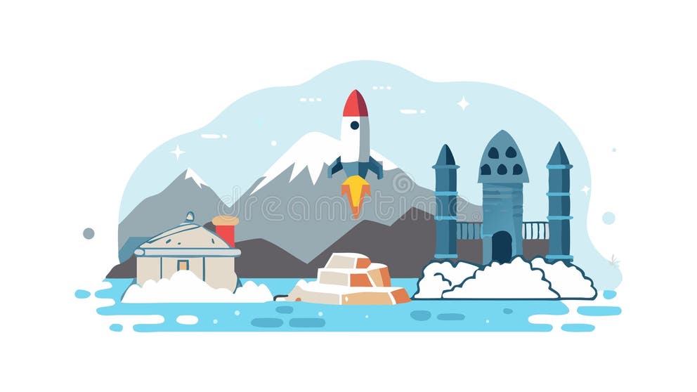 Rocket Launch from a Mountainous Landscape, Space Missions, Vector ...
