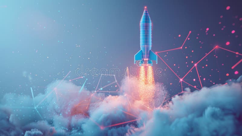 Rocket Launch with Neon Digital Effects and Geometric Elements ...
