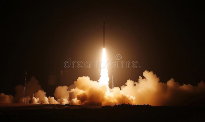Rocket Launch at Night with Bright Flames and Smoke Clouds Illuminating ...